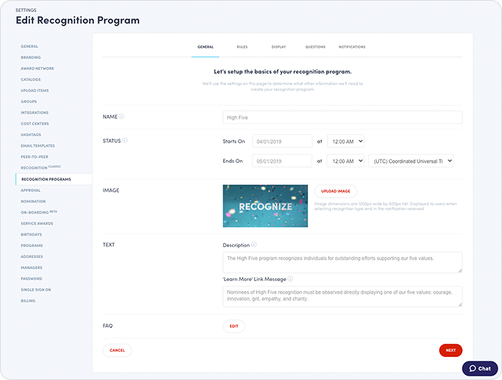Recognition Programs: Settings Overview