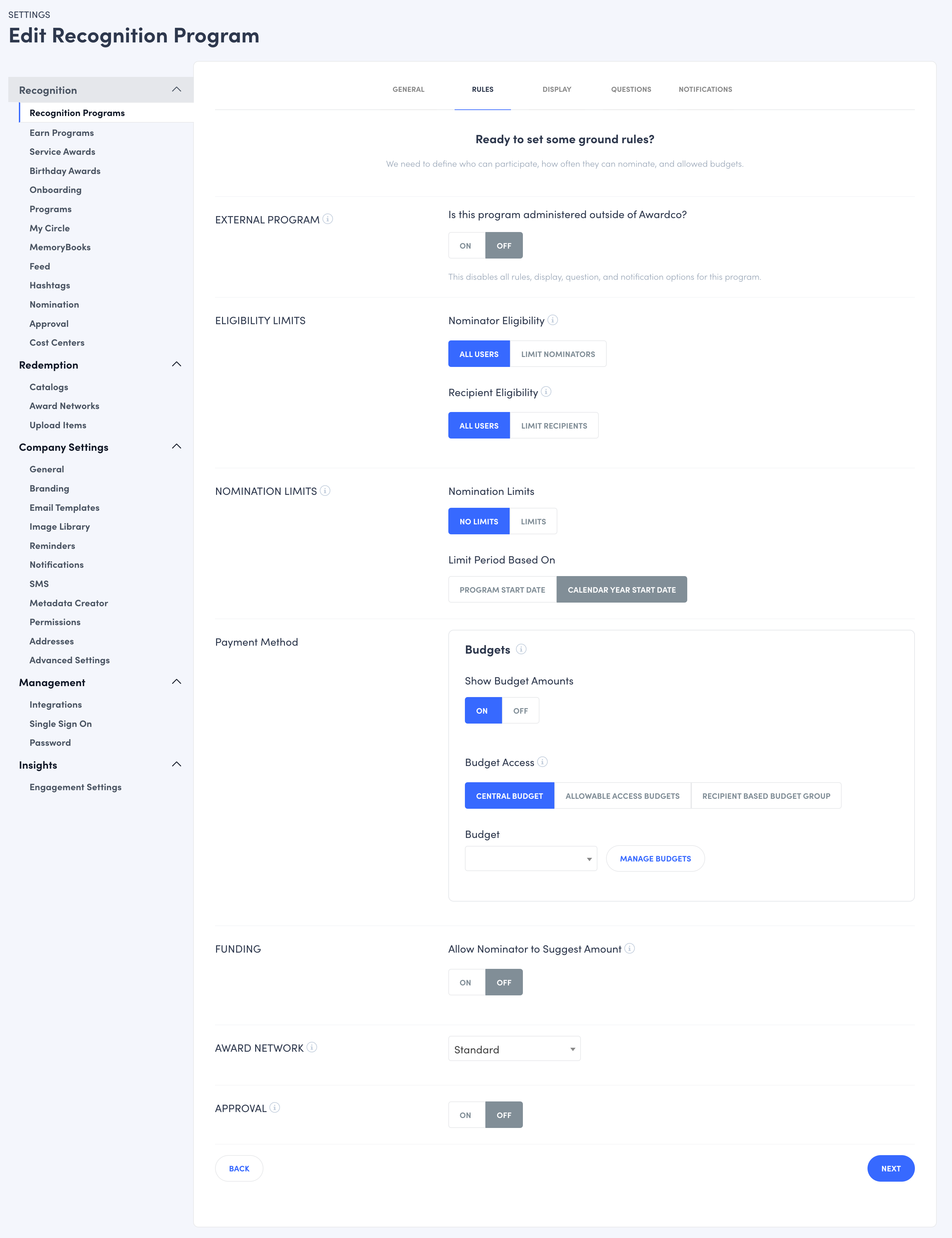 Recognition Programs: Settings Overview