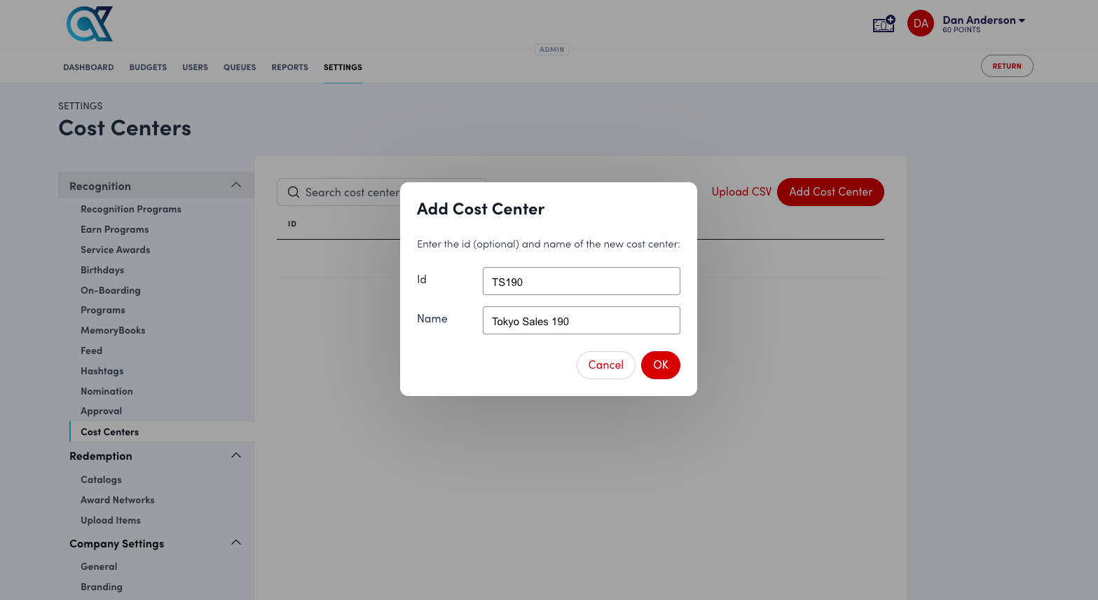 Configuring Cost Centers in Settings