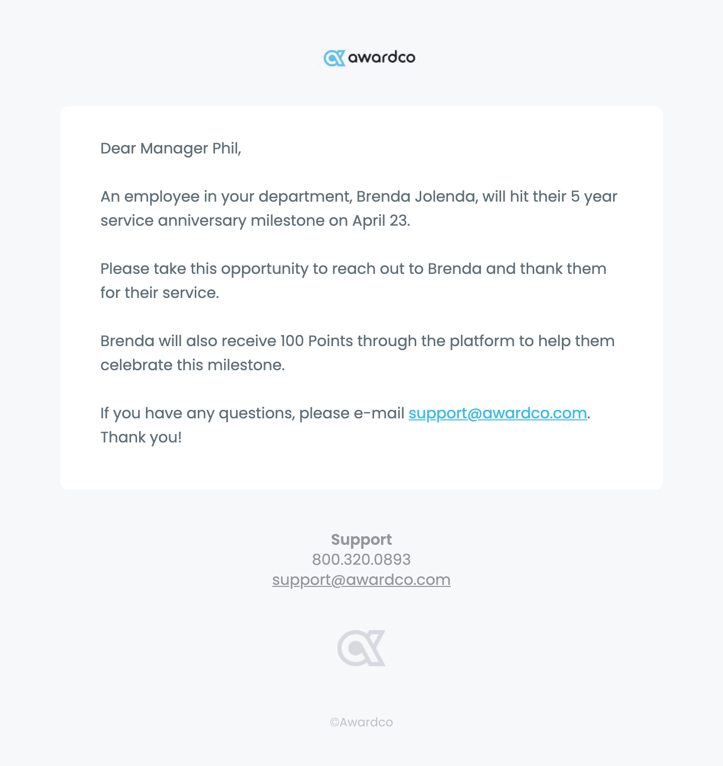 Manager Email: Service Award Notification Template