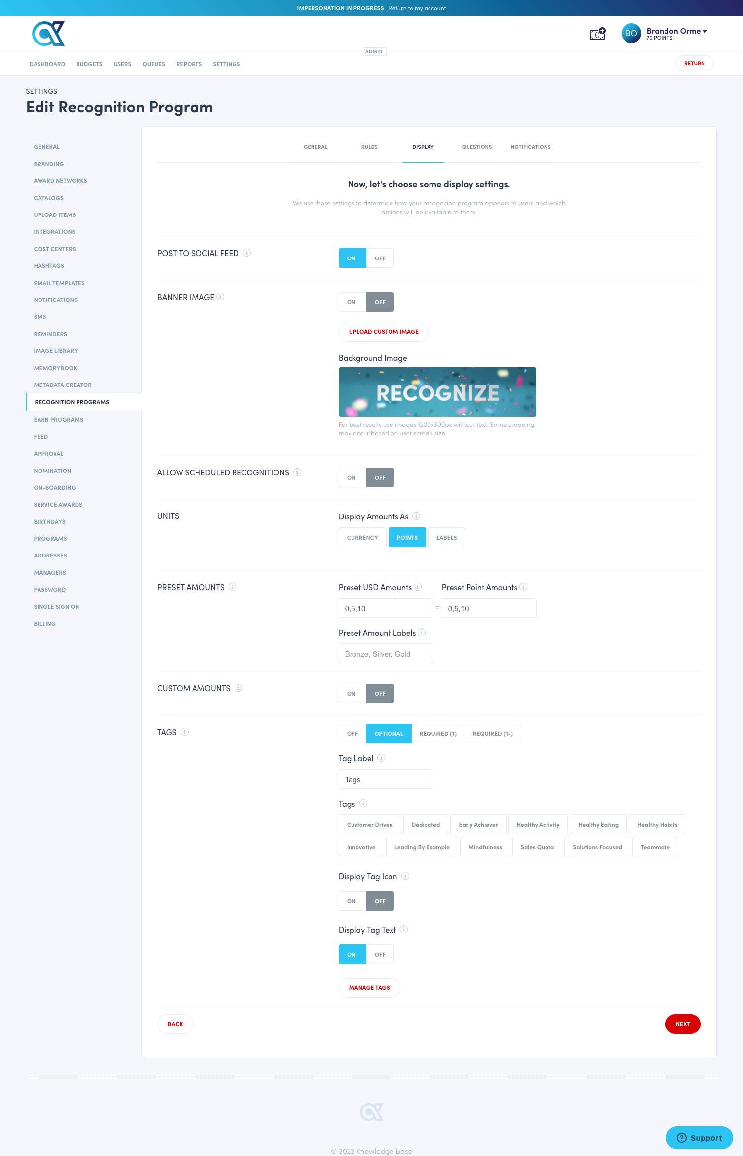 Recognition Programs: Settings Overview