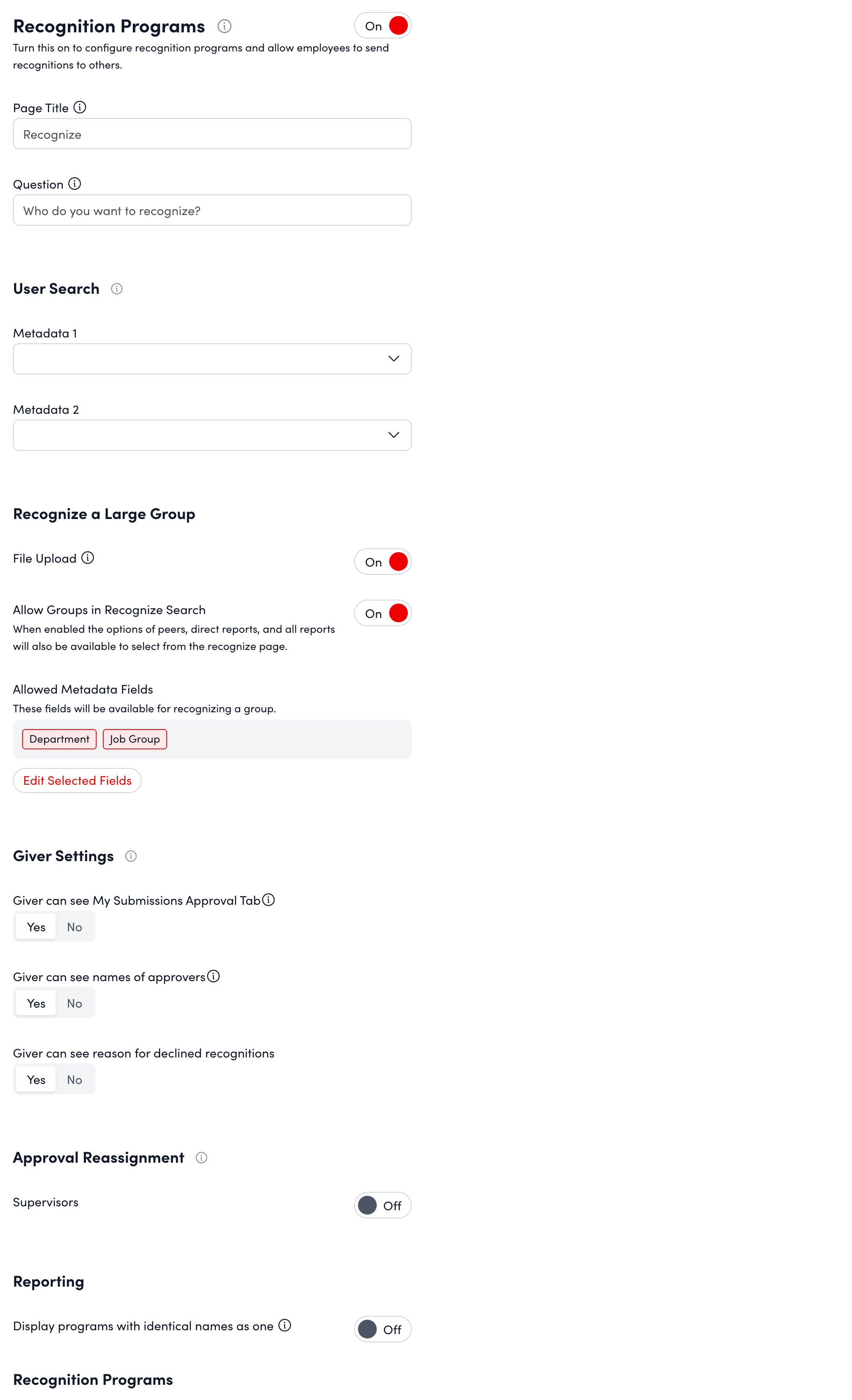 Recognition Programs: Settings Overview