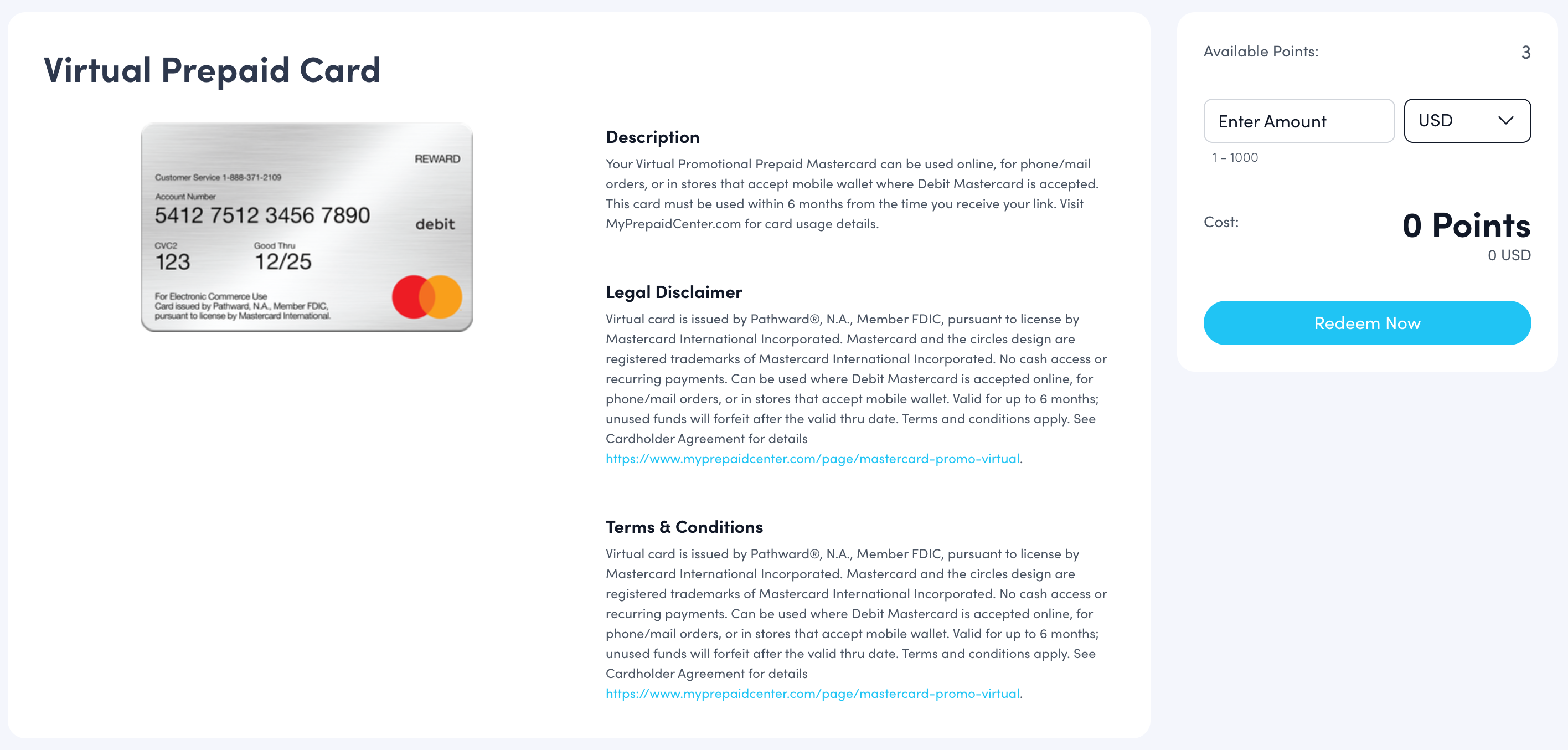 Redeeming Points for Virtual Prepaid Cards