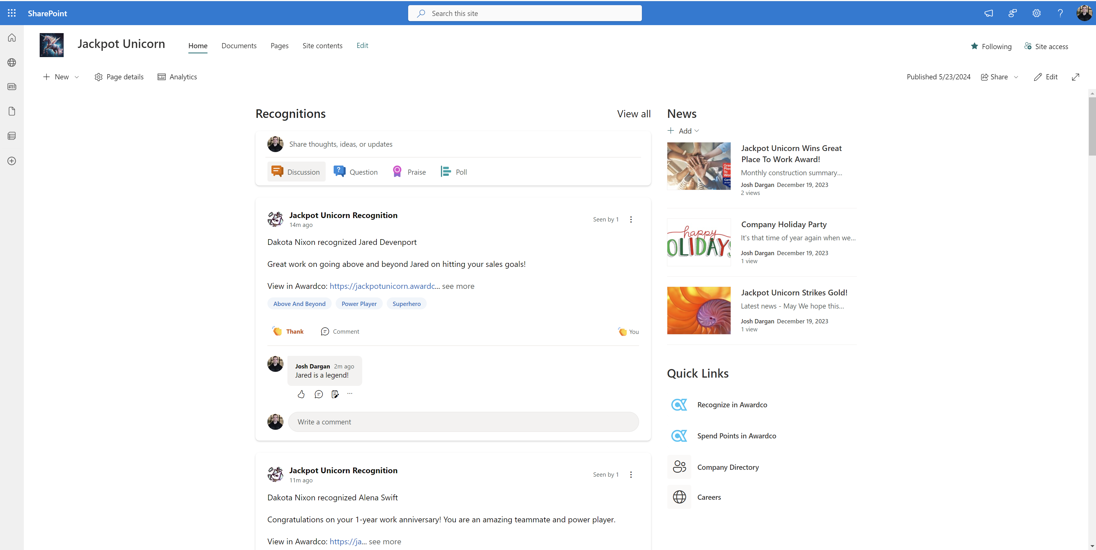 Showing Recognitions in SharePoint with Viva Engage
