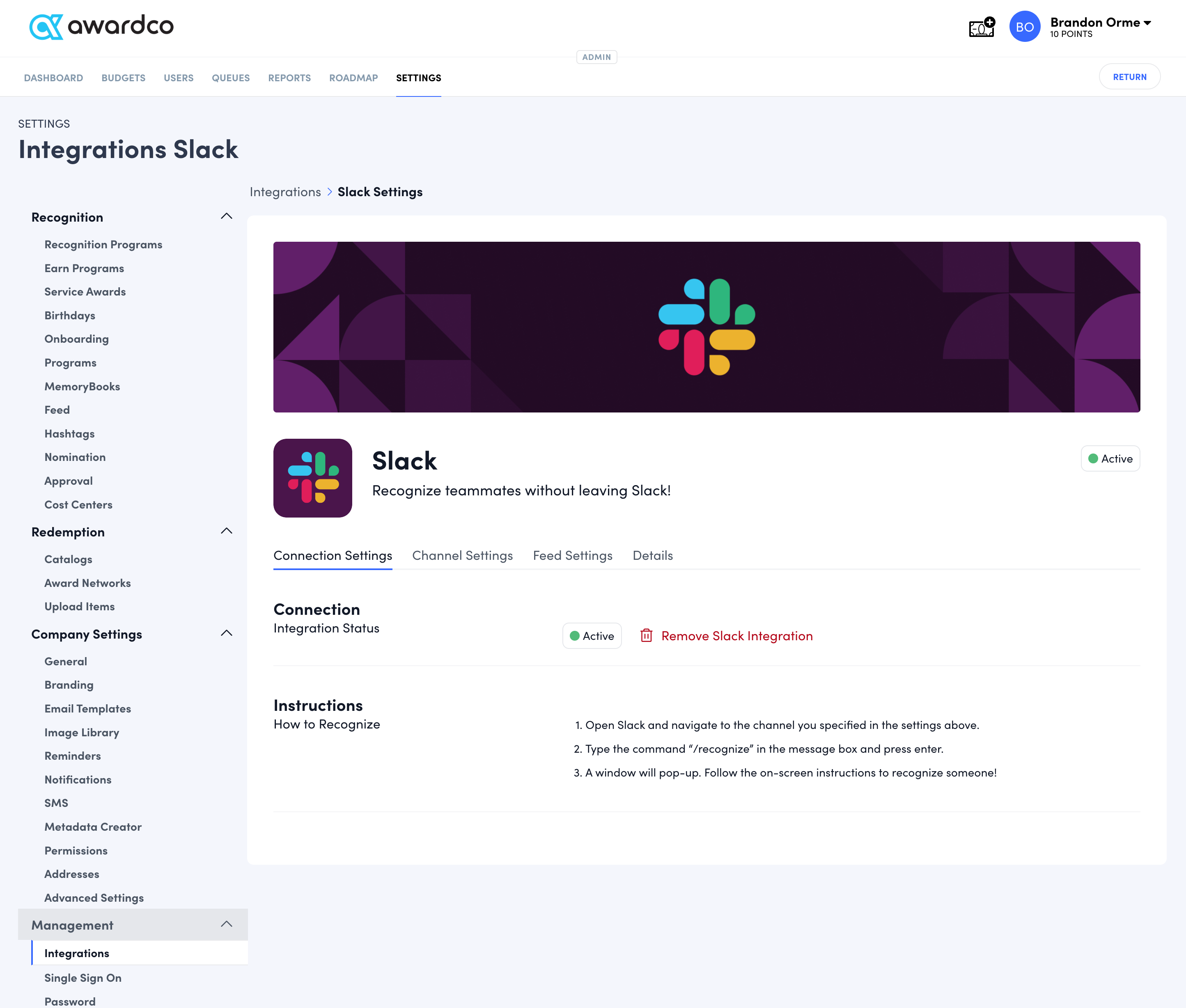 Integrating Slack with Awardco