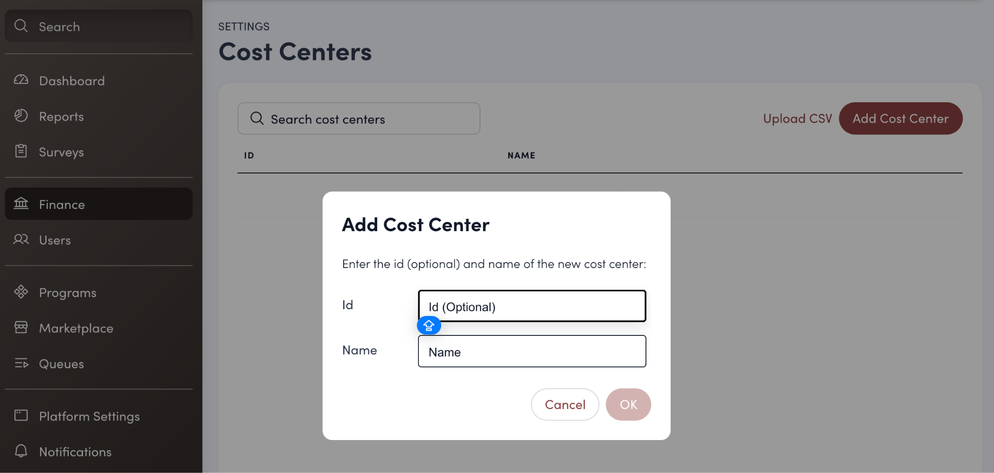 Configuring Cost Centers in Settings