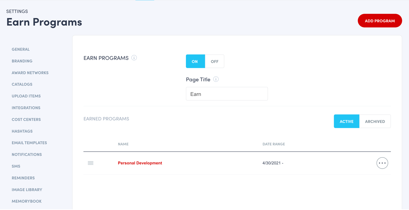 Earn Program Settings