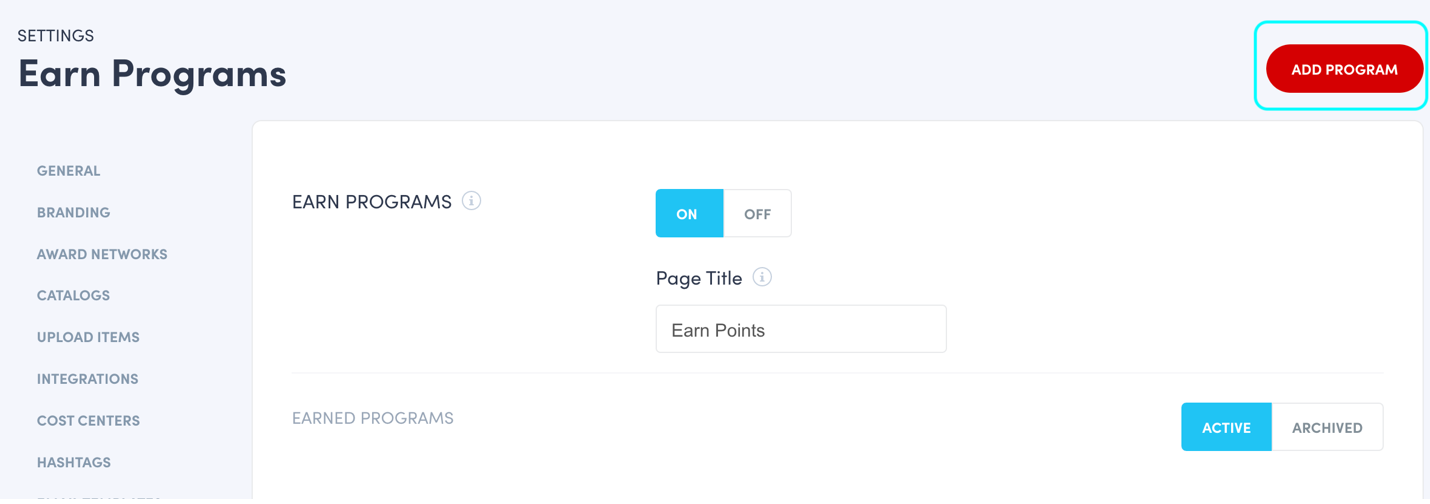 Earn Program Settings