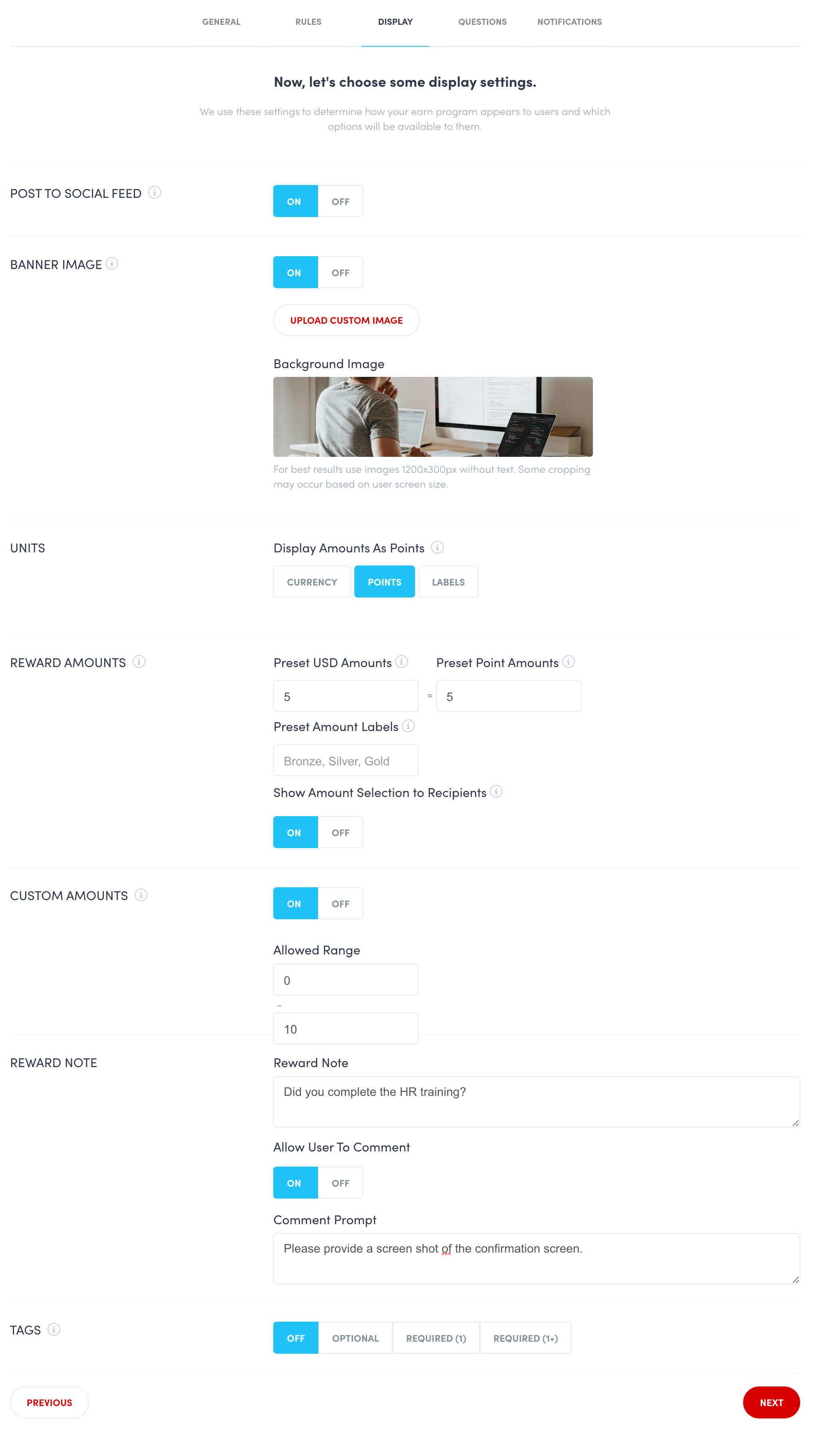 Earn Program Settings