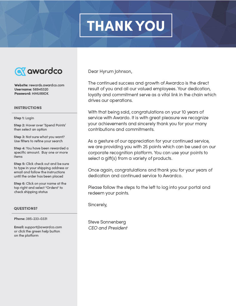 Service Award Letters