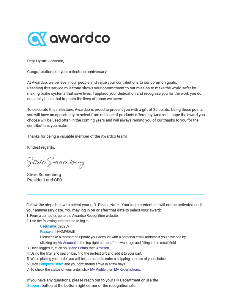 Service Award Letters