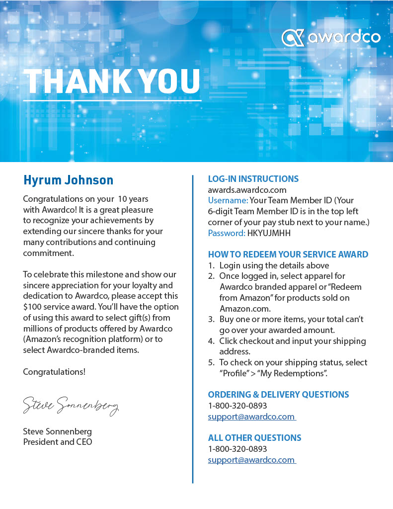 Service Award Letters