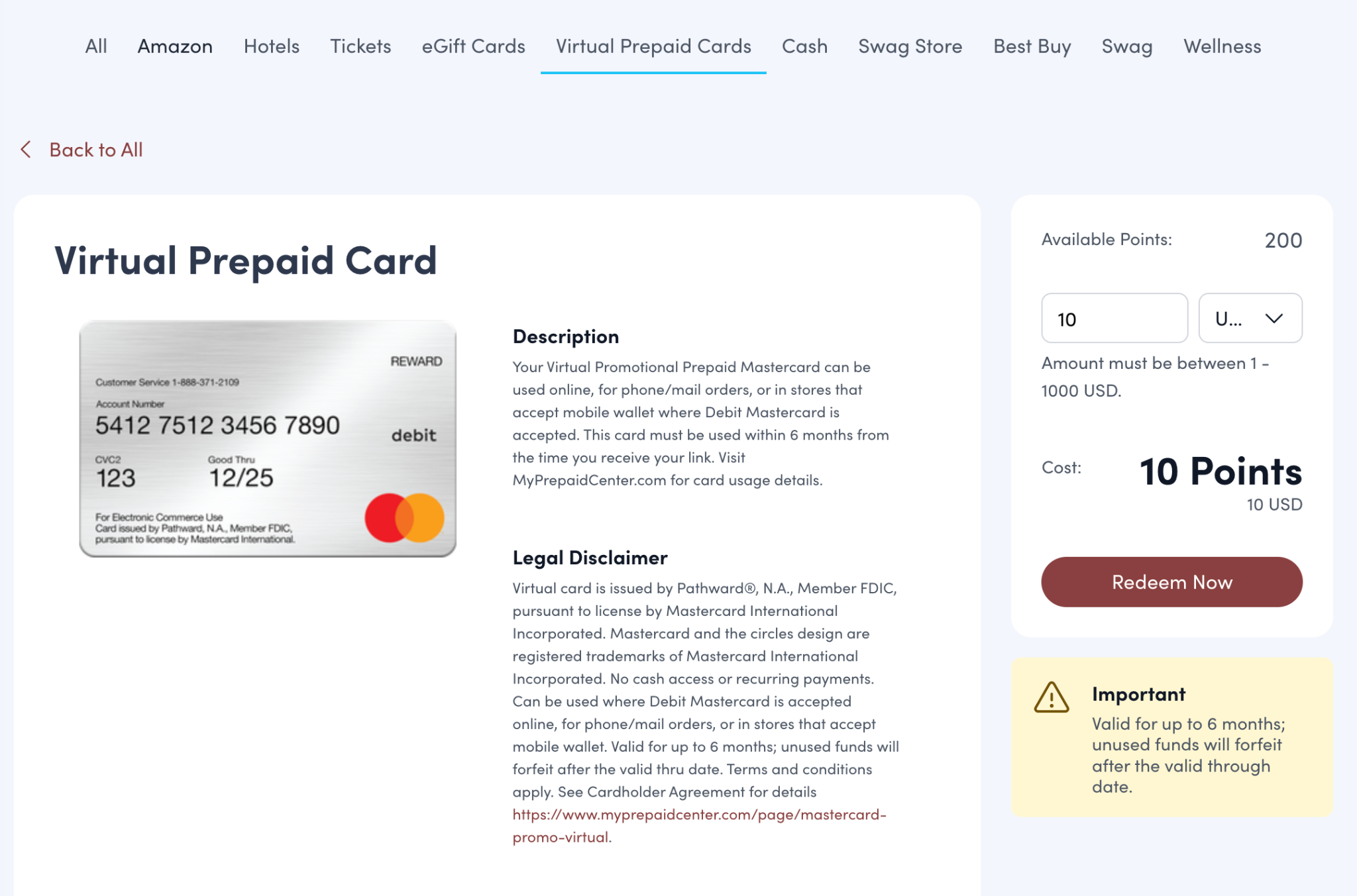 Redeeming Points for Virtual Prepaid Cards